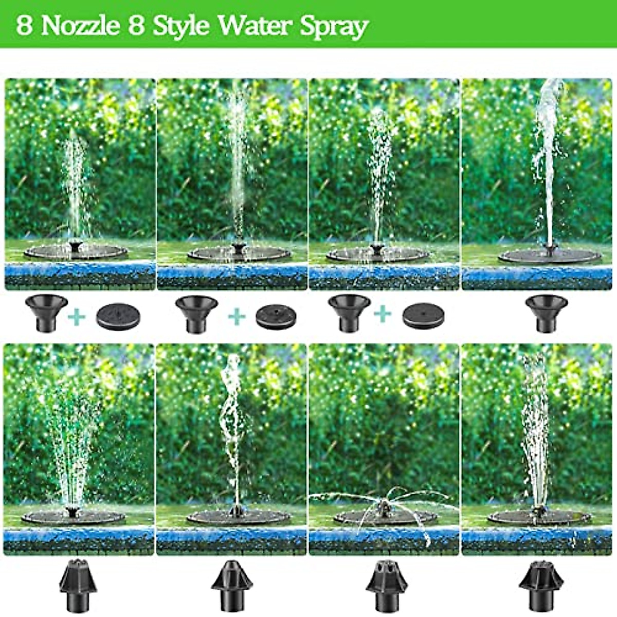 Solar Fountain Full Glass Panel with Battery, 2022Upgrade 3W Solar Powered Bird Bath Fountain with LED Light 8 Nozzle 4 Fixer, Floating Solar Fountain Pump for BirdBath Pond Pool Garden Outdoor