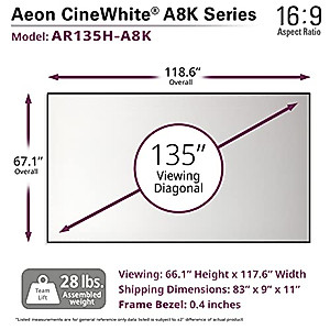 Elite Screens Aeon CineWhite A8K, 135" Diag, 16:9 Aspect Ratio, ISF Certified 8K Ultra HD Home Theater Fixed Frame Edge Free Projection Sound Transparent Perforated Weaved Screen, AR135H-A8K