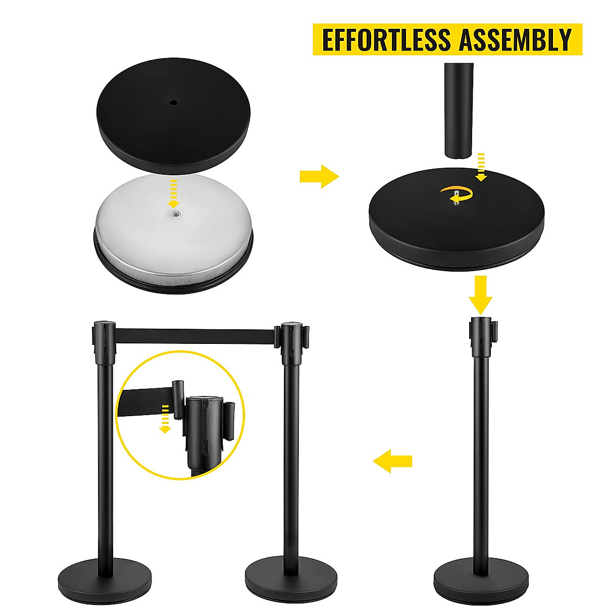 VEVOR Crowd Control Stanchion, Set of 8 Pieces Stanchion Set, Stanchion Set with 6.6 ft/2 m Black Retractable Belt, Black Crowd Control Barrier w/Concrete and Metal Base - Easy Connect Assembly