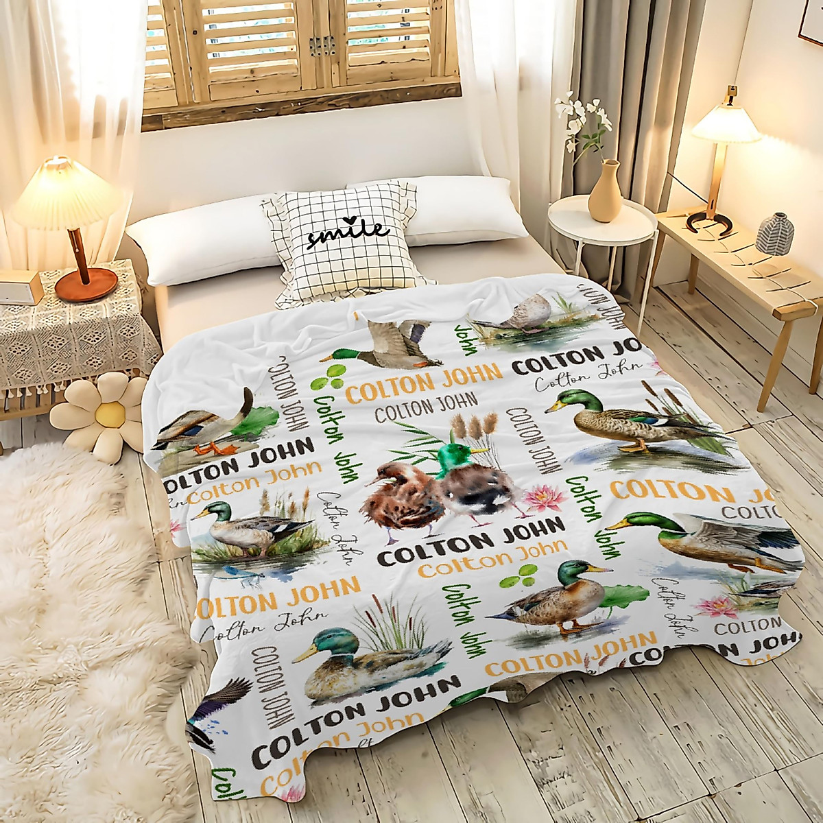 Buyyet Personalized Mallard Duck Custom Fleece Flannel Gift Blanket with Name Lightweight Soft Throw Blanket Cute Cozy Blanket for Bed Couch Travel Outdoor 30''x 40'' for Baby/Pets