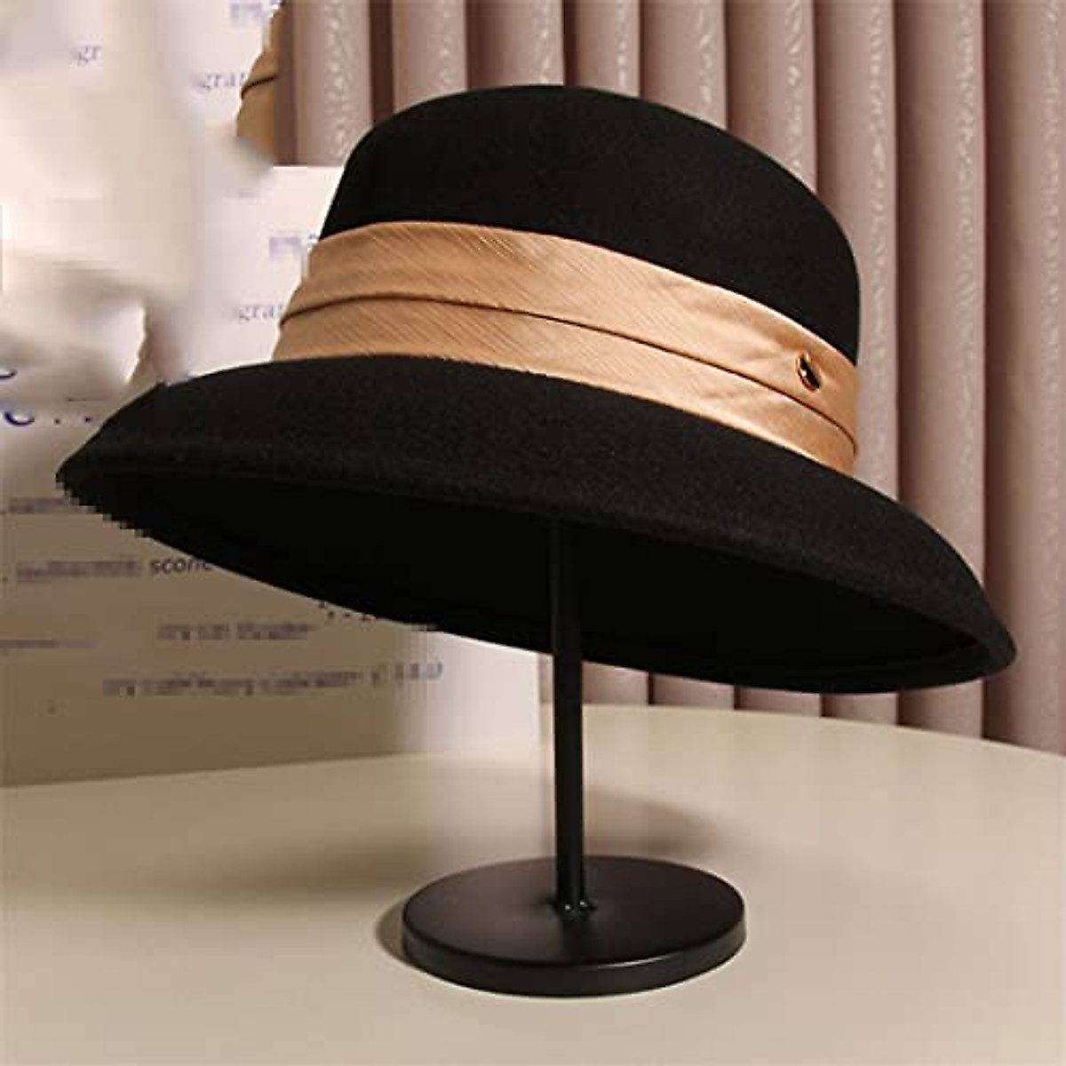 Wool Bucket Hats for Women French Vintage Lampshade Cap Ladies Autumn Winter Wide Brim Soft Fedoras Black