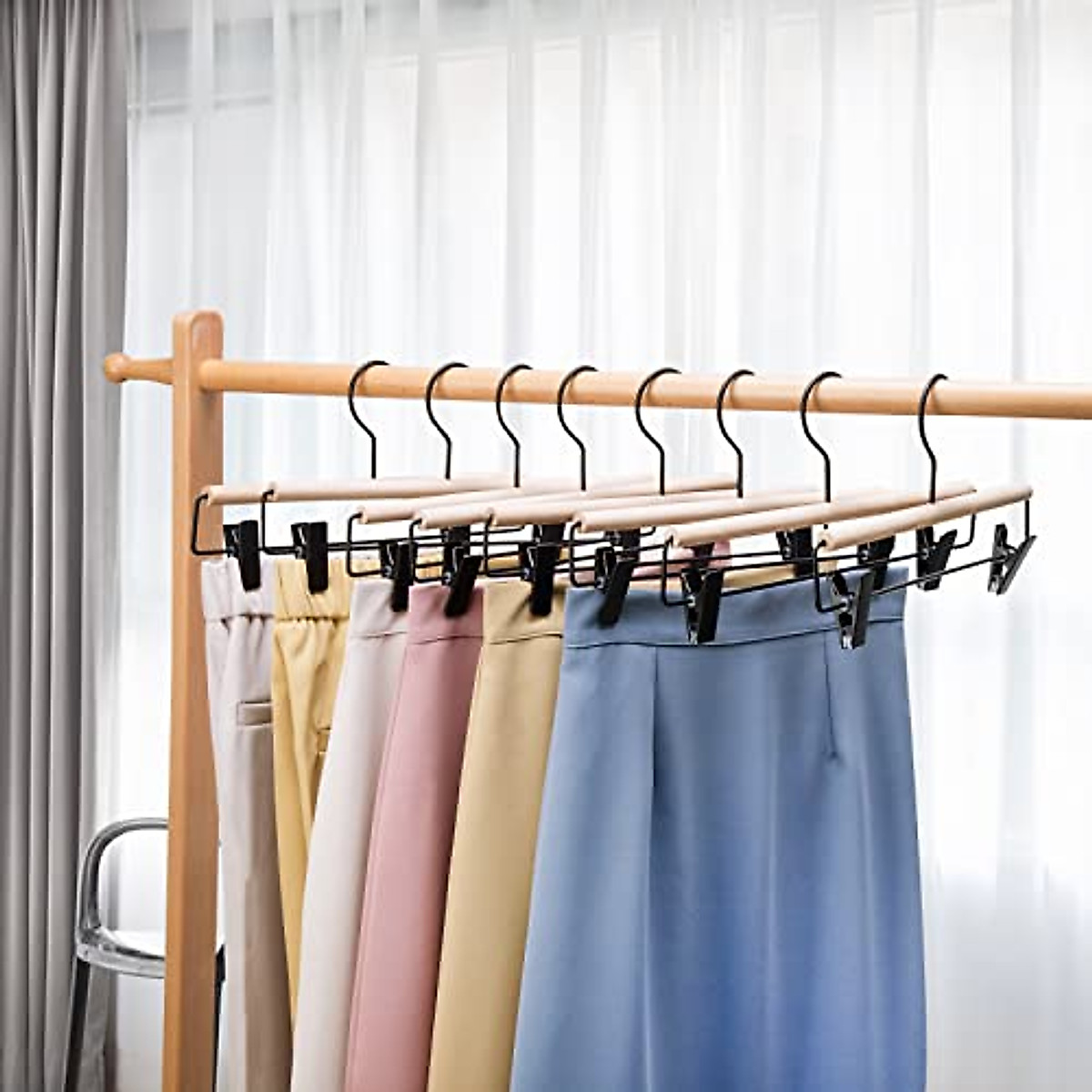 Nature Smile Deluxe Beech Wooden Pants Hangers Bottom Hanger Jeans Hanger Trousers Skirt Hanger with 2-Adjustable Black Matt Clips and Hook 10 Pack (Natural Wood+Black Metal)