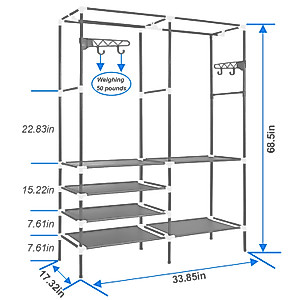 Garment Freestanding Clothes Organizer Closet, Metal Hanging Storage Organizer Rack Wardrobe with Shelves& Hanging Rods,Clothes Hanger Organizer (Grey)