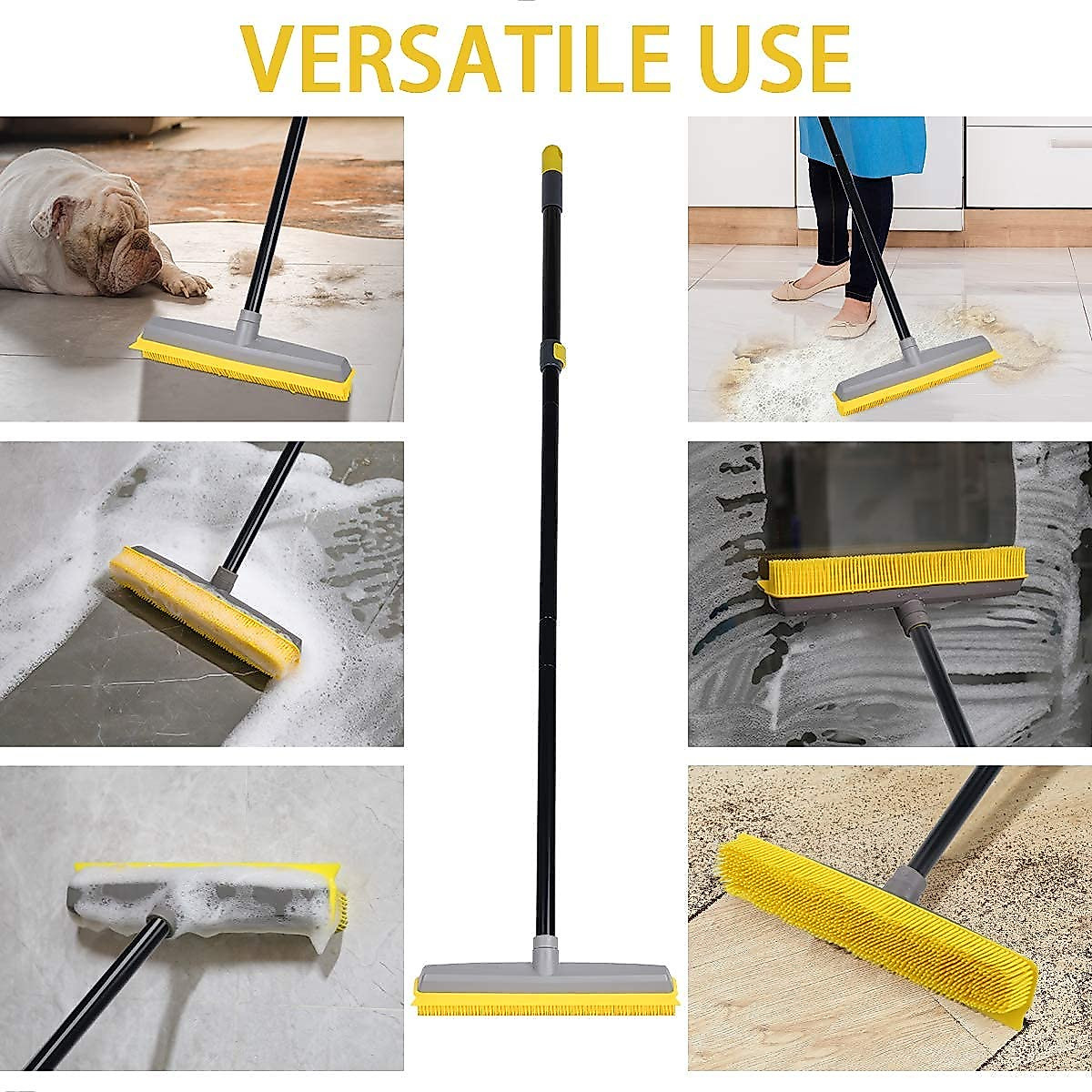 Pet Hair Broom Rubber Broom 59" Long Handle with Build-in Squeegee Silicone Broom for Sweeping Hardwood Floor Tile