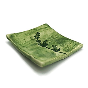 Clay Ring Dish, Small Square Handmade Ceramic Trinket Dish, Small Tealight Candle Holder, Teabag Holder (Sage Flower)