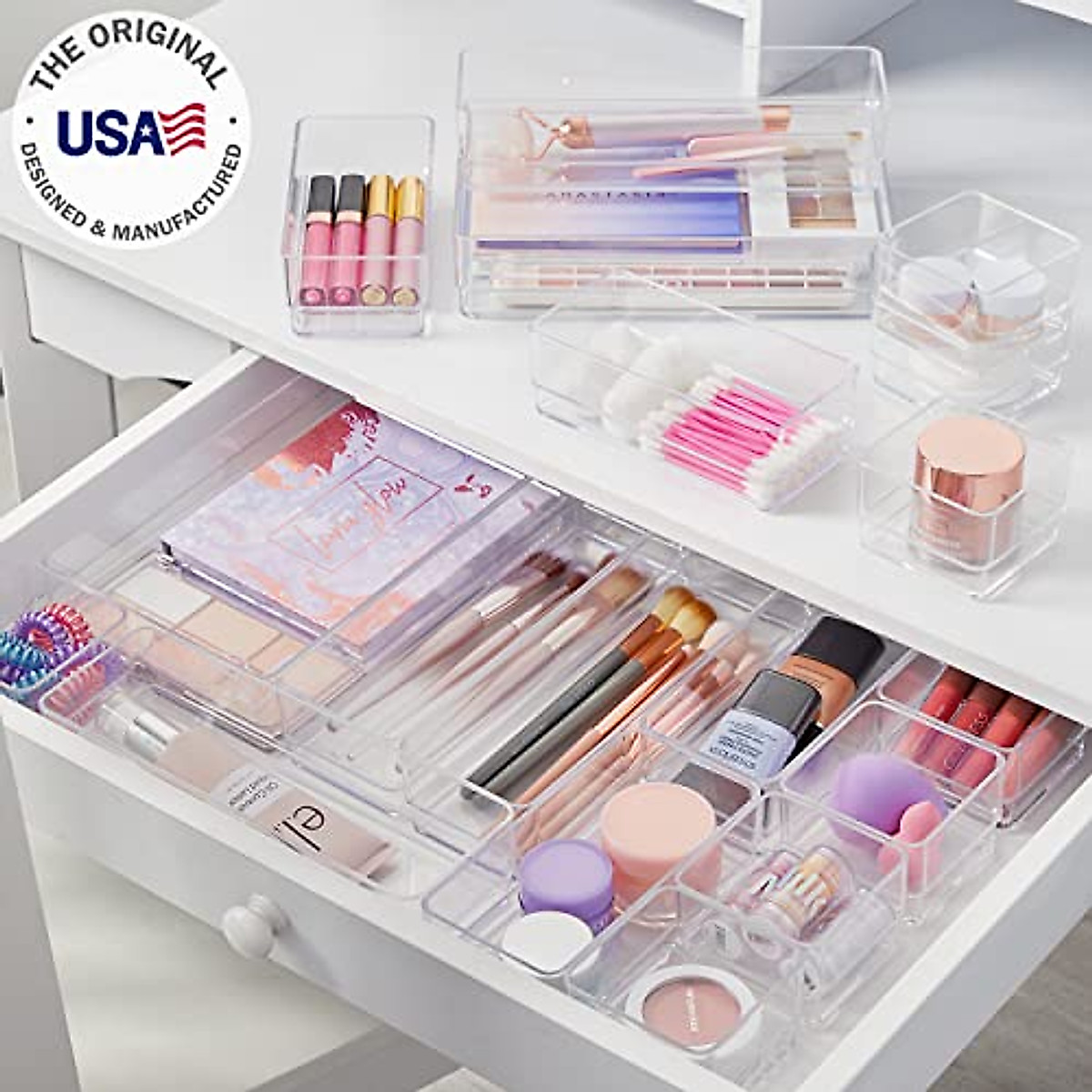 STORi SimpleSort 18-Piece Stackable Clear Drawer Organizer Set | Multi-size Trays | Makeup Vanity Storage Bins and Office Desk Drawer Dividers | Made in USA