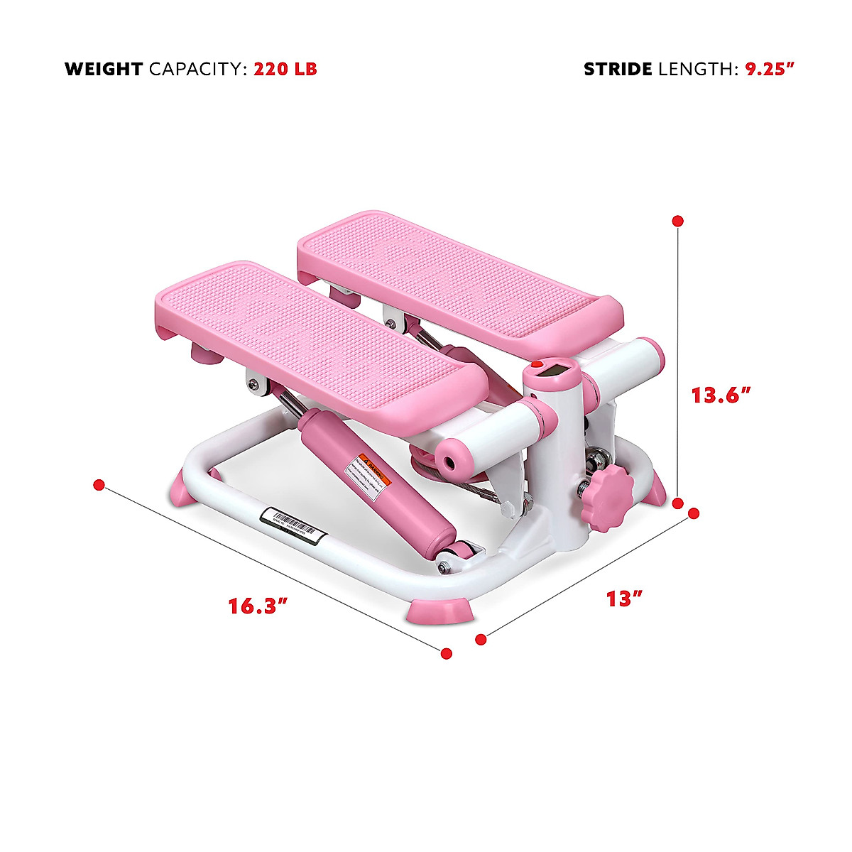 Sunny Health & Fitness Mini Stepper for Exercise Low-Impact Stair Step Cardio Equipment with Resistance Bands, Digital Monitor, Up Down Pink - P2000