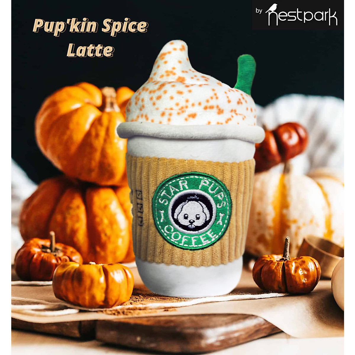 Parody Star Pups Coffee Dog Toy Pup'kin Spice Latte - Fall Funny Parody Plush Squeaky Holiday Toys for Medium, Small and Large - Cute Gifts for Dog Birthday - Cool Stuffed For All Breed Sizes