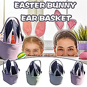 Easter Basket Seersucker Egg Hunt Bunny Baskets for Kids Children,Easter Egg Hunt Bucket Bunny Ear Egg Hunting Candy Carry Basket Party Gifts (Purple)