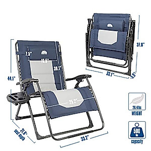 Coastrail Outdoor Zero Gravity Chair Oversized XXL 33.5" Width Patio Recliner Padded Reclining Folding Lounger with Pillow, Side Table for Camping, Lawn, Garden, 500lbs Capacity Blue/1pack