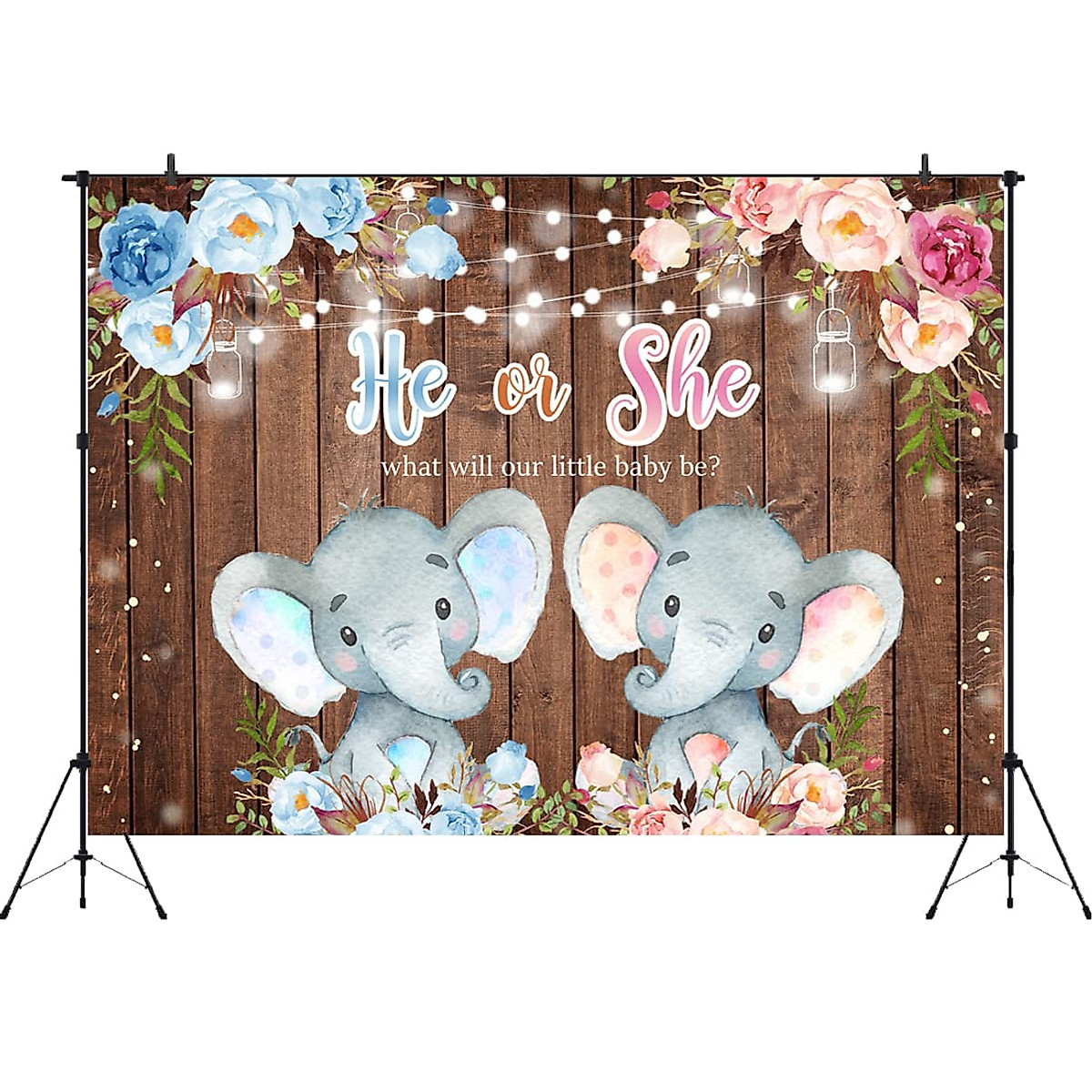 Aperturee 7x5ft Elephant Gender Reveal Backdrop He or She Pink or Blue Boy or Girl Floral Flower Rustic Wood Floor Baby Shower Photography Background Party Decorations Banner Photo Studio Props