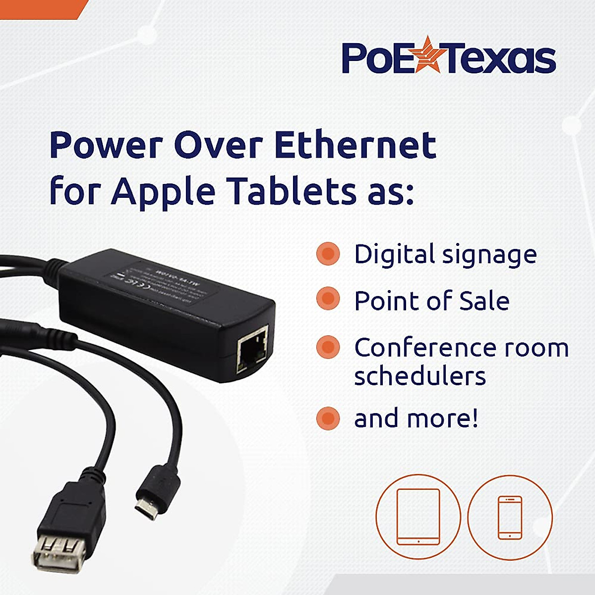 PoE Texas GAF-USB | 802.3af PoE Splitter Compatible with iPads and Tablets with 5 Volt 10 Watt Output - Includes USB-A and Micro-USB adapters