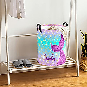 Mermaid Scale Purple Blue Gold Personalized Laundry Basket Clothes Hamper with Handles Waterproof ,Collapsible Laundry Storage Baskets for Bathroom,Bedroom Decorative 19.7"Hx14.2"D