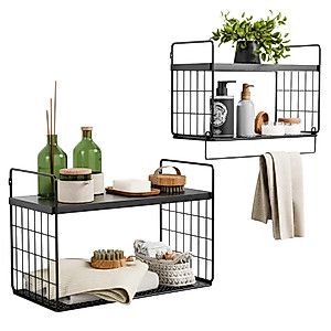 ENPKLUTE Bathroom Shelves Over Toilet Set of 2, Floating Bathroom Shelves Wall Mounted, Bathroom Shelf with Towel Bar & Toilet Paper Basket, Rustic Wall Shelves for Bathroom, Bedroom, Kitchen, Black