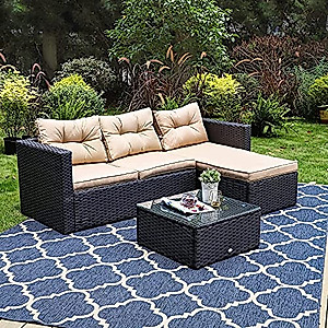 PHI VILLA Patio Sectional Wicker Rattan Small L-Shaped Outdoor Furniture Sofa Set Clearance with Upgrade Rattan (3 Piece,Beige)