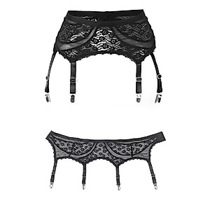 comeondear Lace Garter Belt for Women, High-Waisted Plus Size Garter Belts Set with Black Fishnets Thigh High Stockings and 4 Metal Clip Elastic Suspenders Black M-L