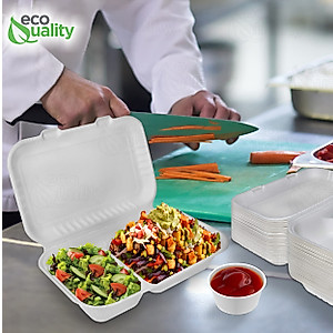 Compostable 2-Compartment Rectangular Hinged Clamshell Take Out Food Containers 9x6x3,Heavy Duty Quality Disposable to go Containers, Restaurants, Food Trucks (25)