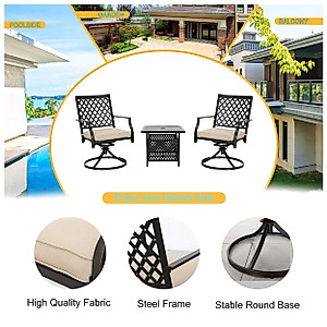 LOKATSE HOME 3 Pieces Patio Swivel Set Outdoor Metal Steel Furniture with 2 Dinning Chairs and Umbrella Side Square Table, Beige