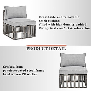 Festival Depot Wicker Patio Single Sofa, Outdoor Armless Chair, All-Weather Brown PE Rattan Couch Chair Waterproof Sectional Furniture for Balcony Garden Pool Lawn Backyard, Grey Thick Cushion