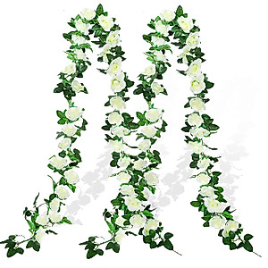 Luyue 2Pack-15ft Fake Rose Vine Garland Artificial Flower Vines Arch Floral Hanging Garlands Decoration Silk Roses for Home Wedding-White