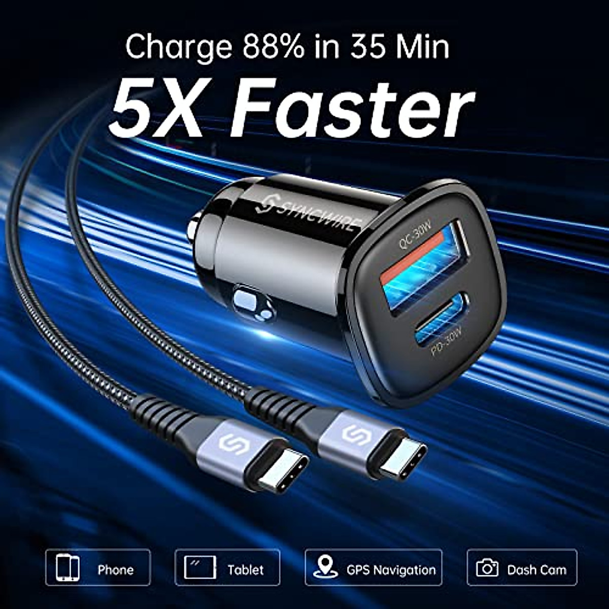 Syncwire USB C Car Charger 60W [PD 30W & QC 30W] Car Charger Fast Charging USB Car Charger Adapter with 5FT Type C Cable Compatible with Samsung S23/S22 Google Pixel 7/7Pro iPhone 14 Pro Max and More