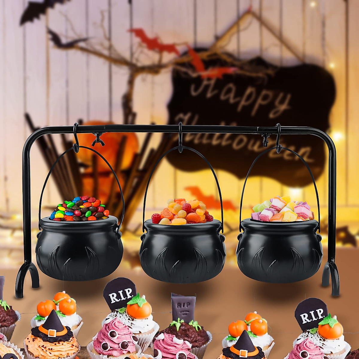 HOMSHIAM Halloween Decorations,Set of 3 Witches Cauldron Serving Bowls on Rack with Shelf and String Lights -Black Plastic Candy Bucket Cauldron for Halloween Decor Indoor Outdoor Home Kitchen