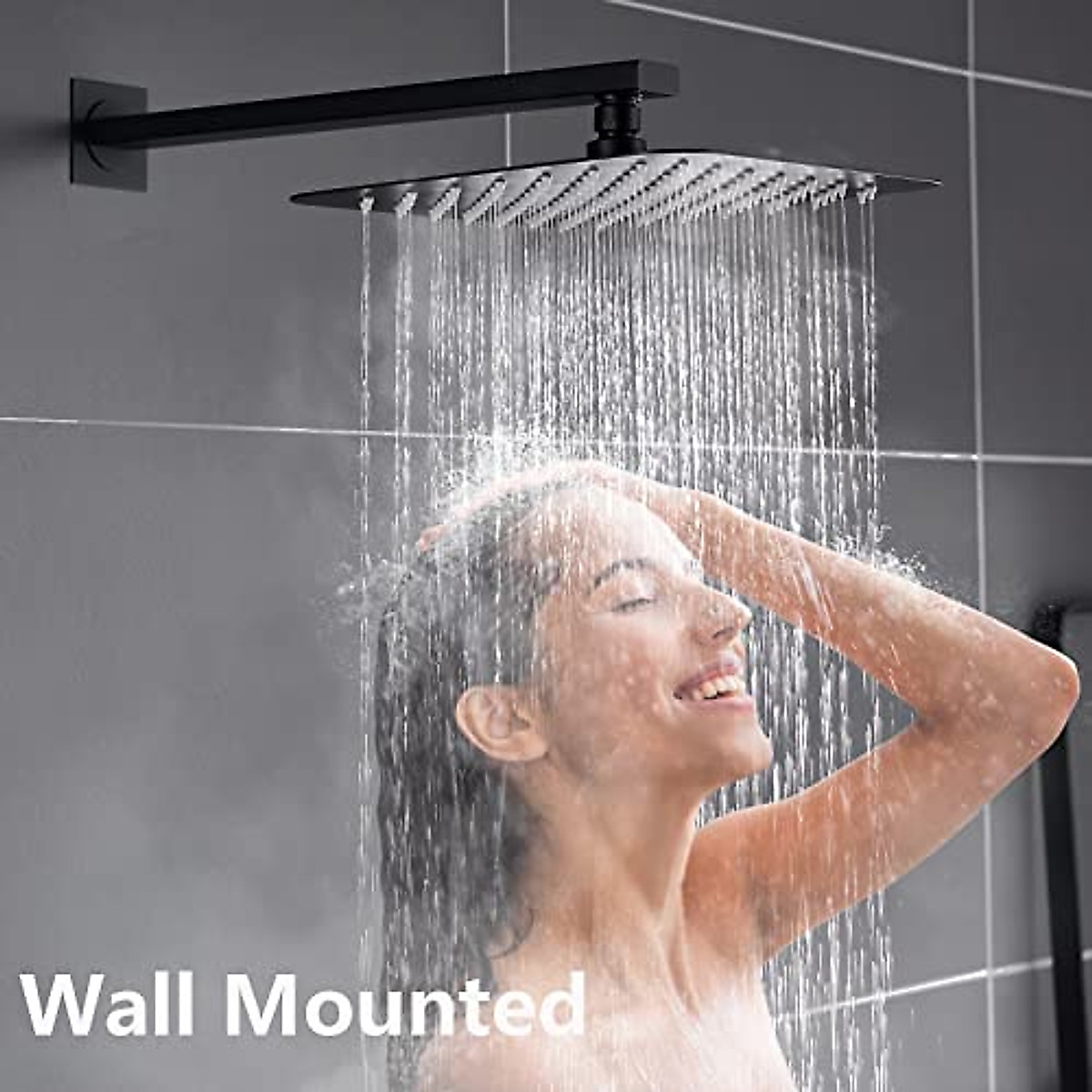 Esnbia 12" Rain Shower Head, Stainless Steel Rainfall Ceiling Mount Shower Head, 2.5 GPM Water Flow, Matte Black （Shower Arm NOT Include）