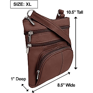 Roma Leathers Genuine X-Large Crossbody Purse, Multi-Pocket, Adjustable Strap, XL, Brown