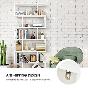 Giantex Geometric Bookcase White, S-Shaped Wooden Bookshelf, 6-Tier Modern Freestanding Decorative Storage Display Shelves for Bedroom, Living Room