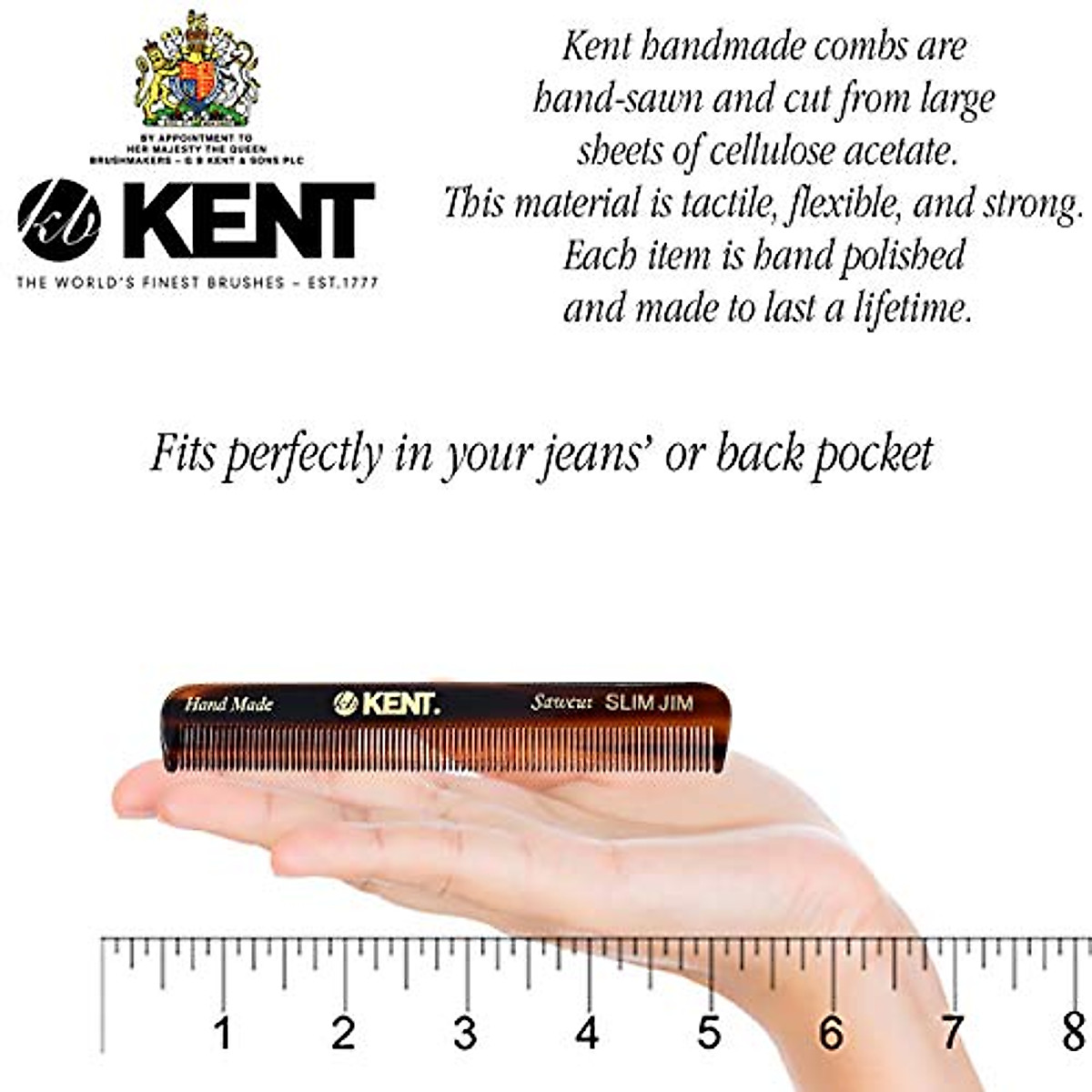 Kent Slim Jim Handmade All Fine Tooth Pocket Comb for Men, Hair Comb Straightener for Everyday Grooming Styling Hair, Mustache and Beard, Use Dry or with Balms, Saw Cut Hand Polished, Made in England