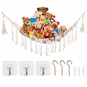 Cabilock Macrame Toy Hammock Macrame Hanging Net Kids Hanging Toys Fruit Basket Boho Wall Baskets Organizer Baskets Countertop Space Saver for Fruits Vegetables Corner Stuffed Animal Hammock