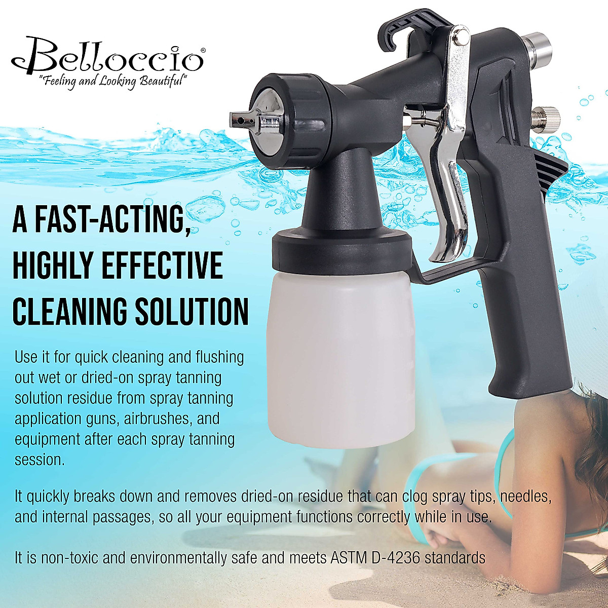 Belloccio Spray Tanning Equipment Cleaner, 16 Ounces - Fast Acting Cleaning Solution, Clean All Airbrush Spray Tanning Application Guns, Airbrushes, Equipment System Maintenace - Dried-On Tan Residue