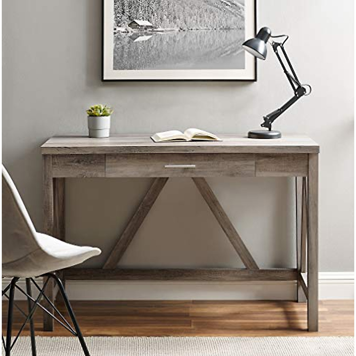 Walker Edison Rustic Farmhouse Wood Computer Writing Desk Home Office Workstation Small, 46 Inch, Grey & Farmhouse Square Side Accent Table Set-Living-Room Storage End Table, 18 Inch, Grey Wash