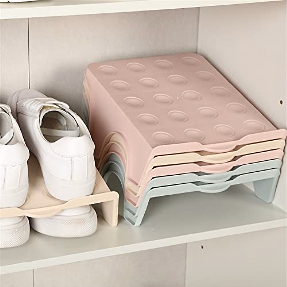 ASkinds 6 Pack Shoe Stacker Slots Space Saver, Double Layer Stack Shoe Racks, Increase Space by 200% Shoe Stackers for Home Closet Organization(Apricot)