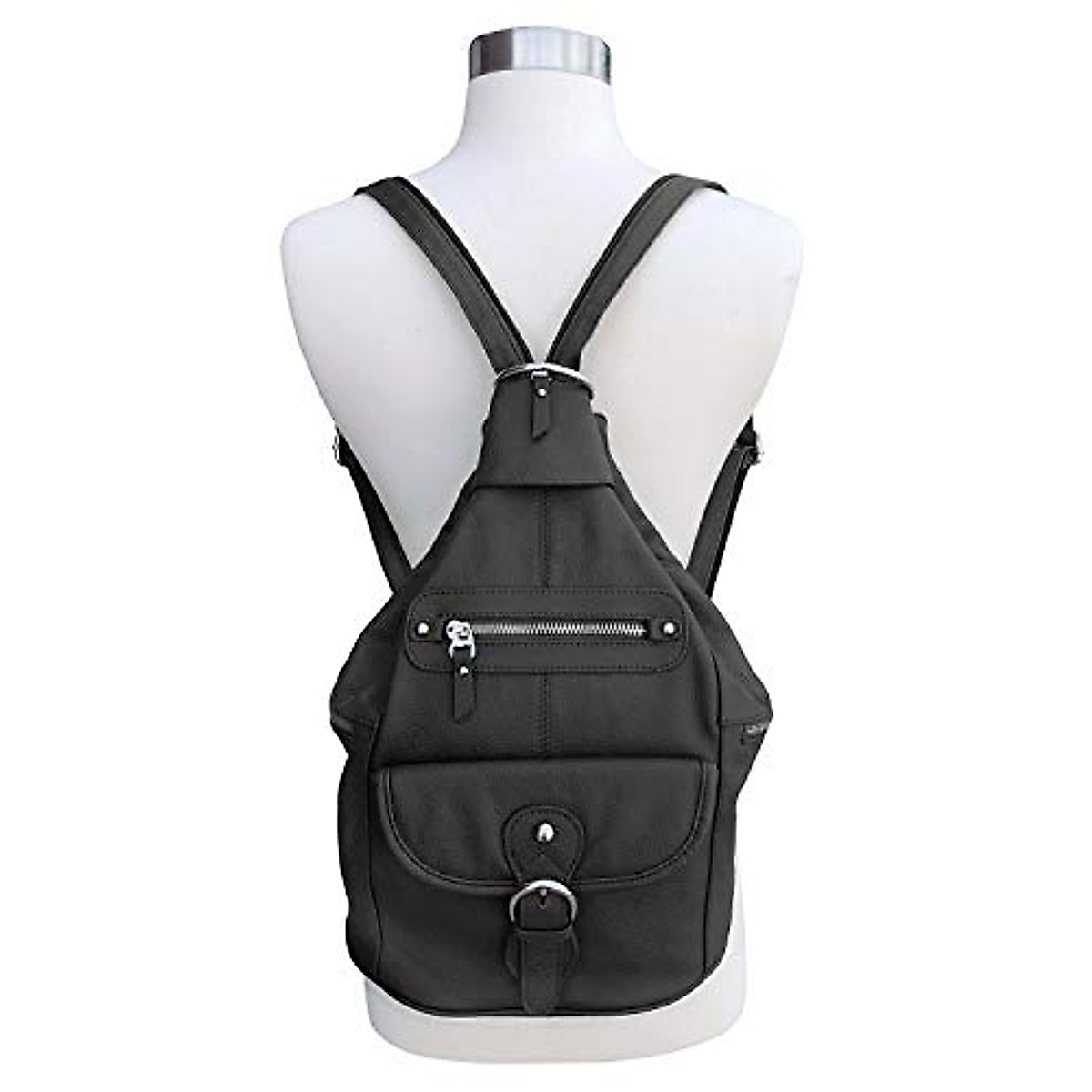 Roma Leathers Fashion Leather Backpack - Premium Black Cowhide Leather - Buckle Front Closure - Metal Zipper Hardware - Convertible Shoulder Straps - Multi Pocket Shoulder Bag - Designed in U.S.A.