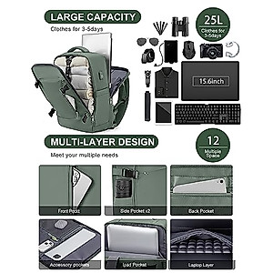 Large Travel Backpack for Women Carry On Airline Flight Approved Expandable Work Personal Item size Backpack Bag with Laptop compartment for College Men Waterproof Hiking Mochila de Viaje Green