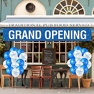Large Grand Opening Banner 30 Pieces Latex Grand Opening Balloons Grand Opening Decorations 12 Inches Latex Balloons 18 x 118 Inches Retail Store Shop Business Restaurant Banners Flag (Blue, White)