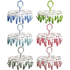 Okllen 6 Pack Laundry Drying Hanger with 16 Clips, Anti-Wind Clip and Drip Hanger Clothes Laundry Hangers, Plastic Hanging Drying Rack for Underwear, Bras, Socks, Baby Clothes, Towel, Scarf, 6 Colors