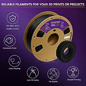 OVERTURE TPU Filament 1.75mm Flexible TPU Roll, Soft 3D Printer Consumables, 1kg Spool (2.2 lbs), Dimensional Accuracy +/- 0.03 mm (TPU Black)