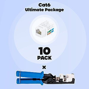 Speed Termination Tool - Easy Punch Down with Stainless Steel Blades For 45 Degree RJ45 LAN Cat6 / Cat5e Keystone Jacks + 10 White Cat6 Keystones Jack Connectors Kit
