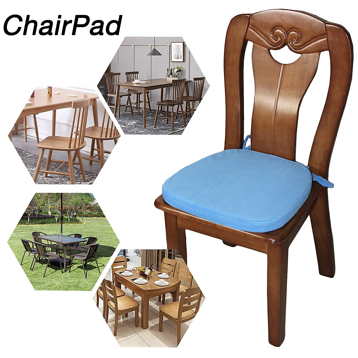 KGPLOME Chair Cushion with Ties for Dining Chairs - Non Slip Memory Foam Kitchen Seat Pad and Indoor Pad with Machine Washable Cover [ 16.5 x 16.2 Inches ] - Blue