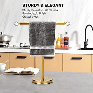 Noonext Gold Hand Towel Holder, Freestanding Hand Towel Rack with Heavy Base, Stainless Steel Towel Holder Countertop for Bathroom (Brushed Gold)