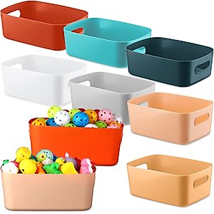 Seajan 14 Pcs Colorful Plastic Storage Bins with Handle Stackable Baskets Desktop Storage Box Cubby Bins Storage Basket Cubby Containers for Cabinet Shelf Kitchen Bedroom Bathroom and Office, 2 Sizes
