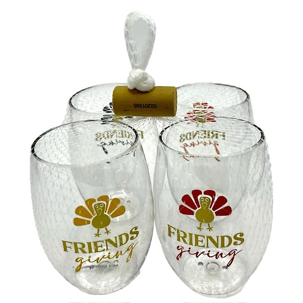 Set of 4 HOLIDAY DESIGN Shatterproof 16 oz Plastic Stemless Wine Glasses (FRIENDSGIVING)