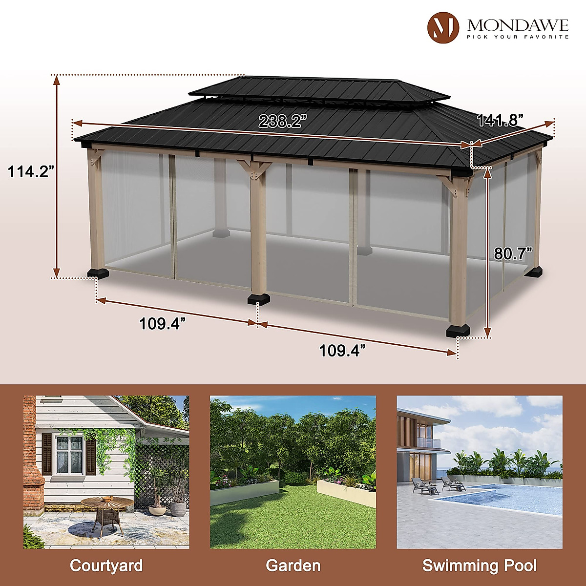 Cedar Wood Gazebo 12x20Ft Hardtop Gazebo Solid Cedar Wood Framed Gazebo Canopy Outdoor Fir Wood Galvanized Steel Double Roof Pavilion Heavy Duty for Patio Lawn Garden with Netting