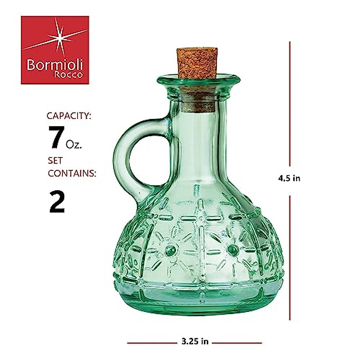Bormioli Rocco Set Of 2 Country Home Olivia Oil Bottle, 7-ounce Cruet With All Natural Cork Lid, Blue-green Tinted Star Glass, Elegant And Floral Design, Made In Italy.