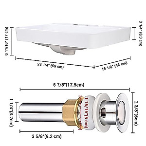 Aquaterior 23" x 18" Rectangle Drop In Bathroom Sink White Ceramic Above Counter Semi Recessed Vessel Sink with Widespread Faucet Holes,Drain
