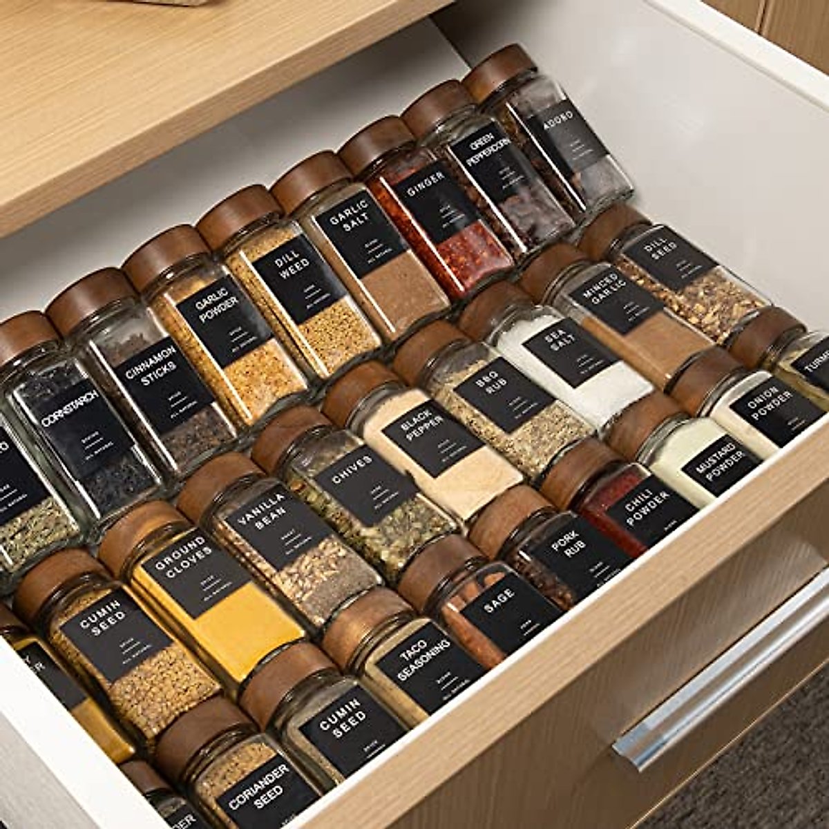 Yangbaga 24Pcs Glass Spice Jars with Labels，4oz Empty Square Spice Bottles with acacia wood lid & Shaker Lids and Silicone Collapsible Funnel Included