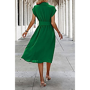 ECOWISH Womens Casual Midi Dresses Solid V Neck Short Sleeve Shirt Dress with Pockets for Spring Summer 2023 Green L