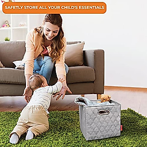 JIAessentials 12 inch Gray Foldable Diamond Patterned Faux Leather Storage Cube Bins Set of Two with Handles for living room, bedroom and office storage